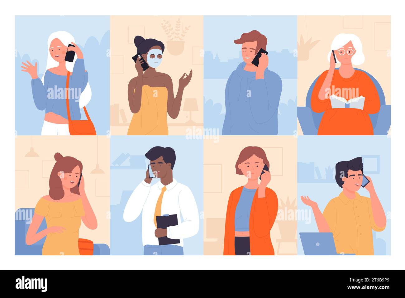 People talk mobile phone set vector illustration. Cartoon characters ...