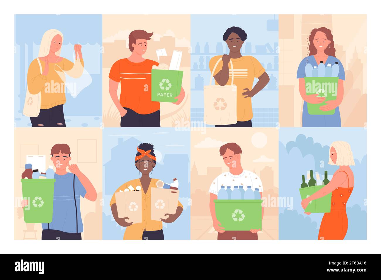 People collect garbage to recycle set vector illustration. Cartoon male ...