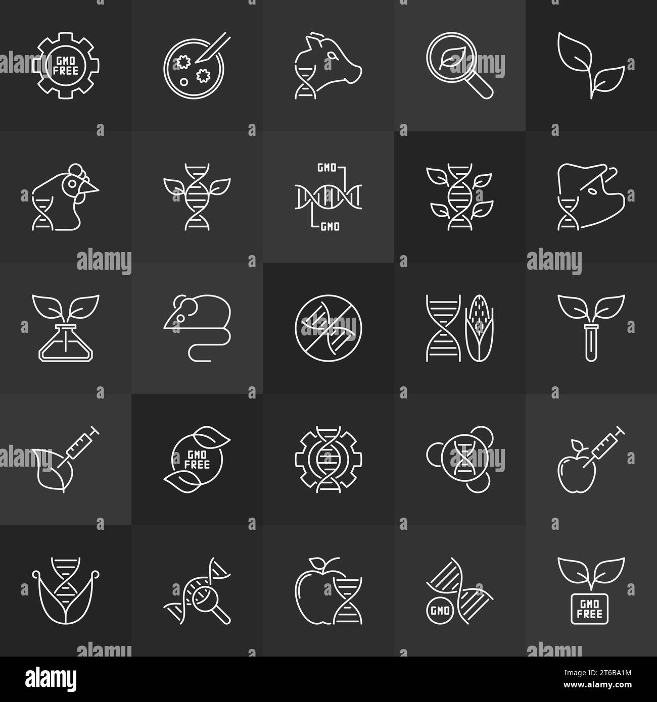 Genetically Modified Organism or GMO outline vector concept icons set on dark background Stock ...