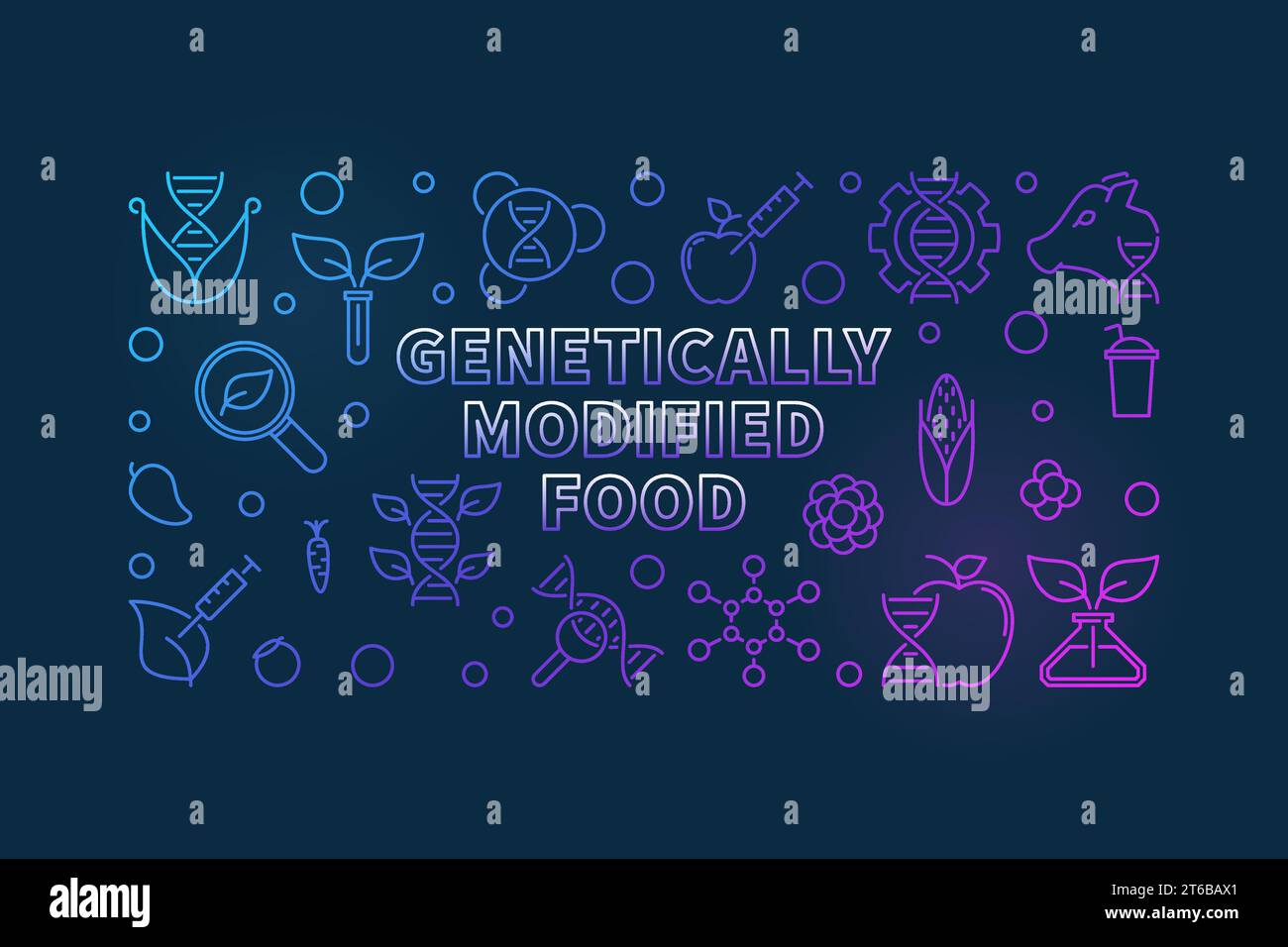 Genetically Modified Food vector colorful outline horizontal illustration on dark background ...