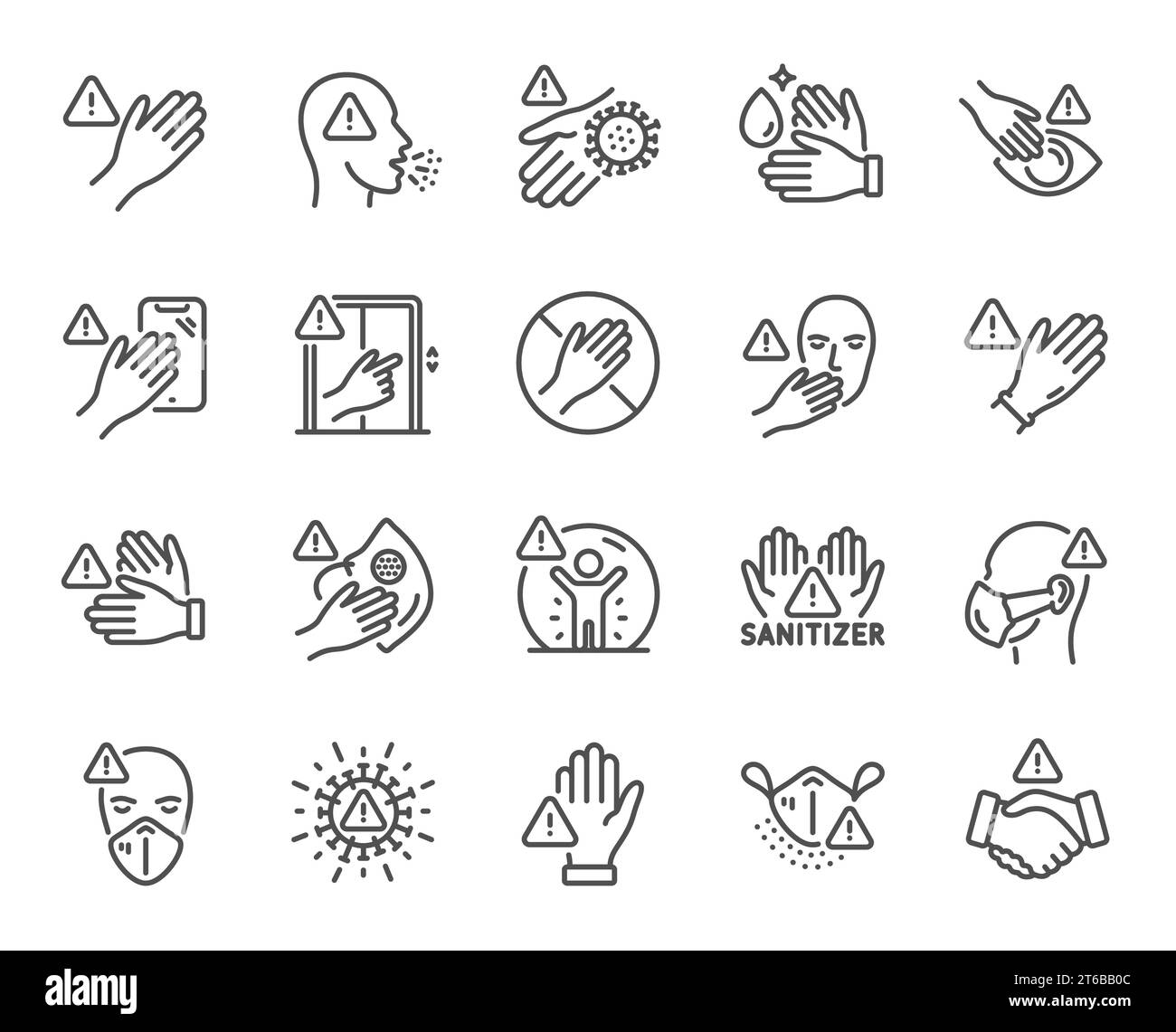 Touch warning line icons. Stop touch face, eyes and medical mask. Covid ...