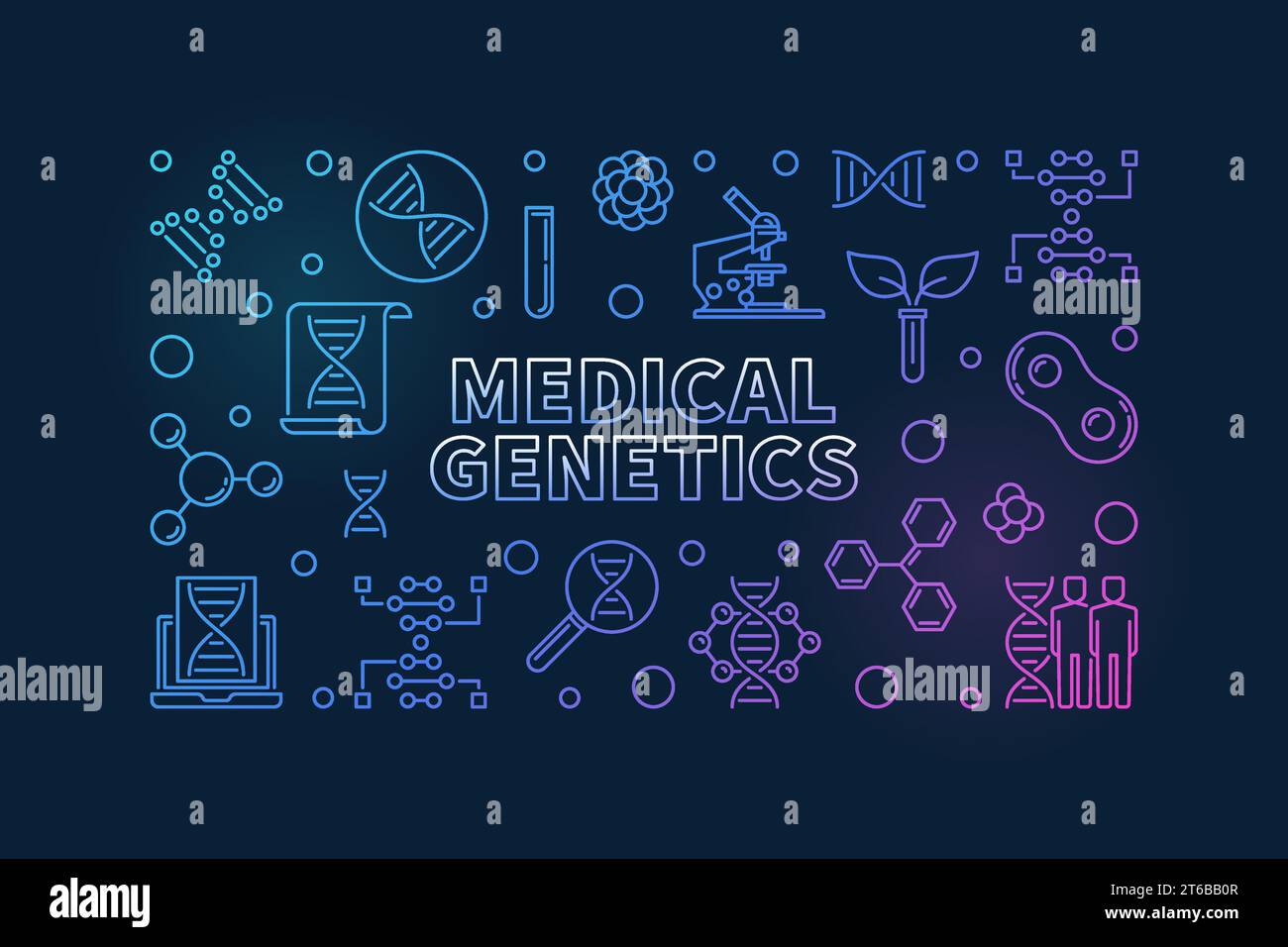 Medical Genetics vector outline colorful horizontal banner on dark ...