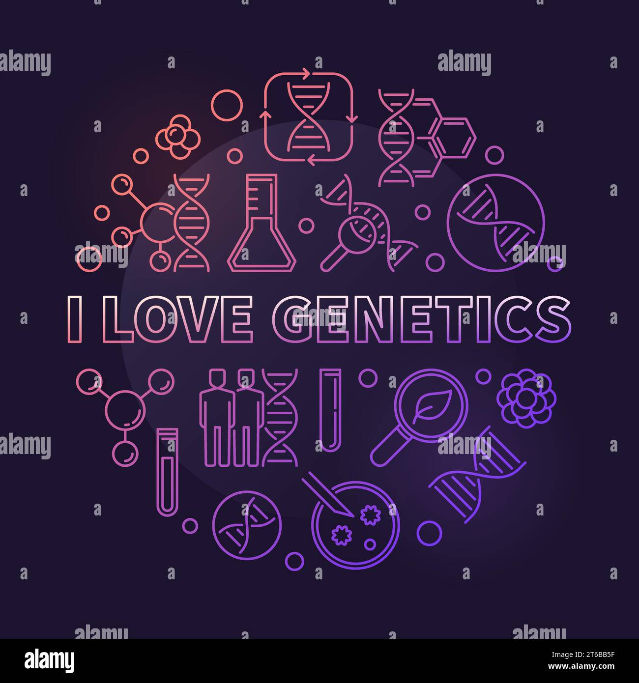 I Love Genetics Vector Colored Concept Thin Line Round Illustration On Dark Background Stock