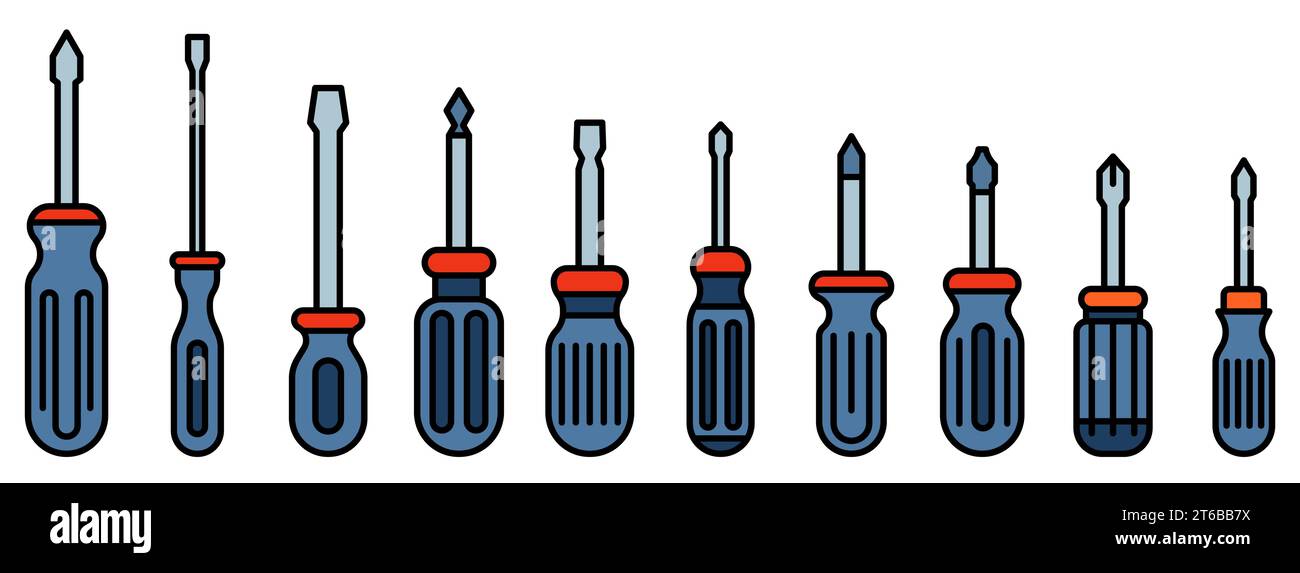 Screwdriver icons set. Collection of various screwdrivers in flat ...