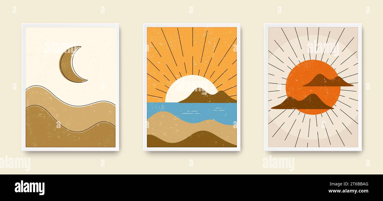 Abstract art wall posters. Grungy landscape backgrounds. Set of sunrise ...