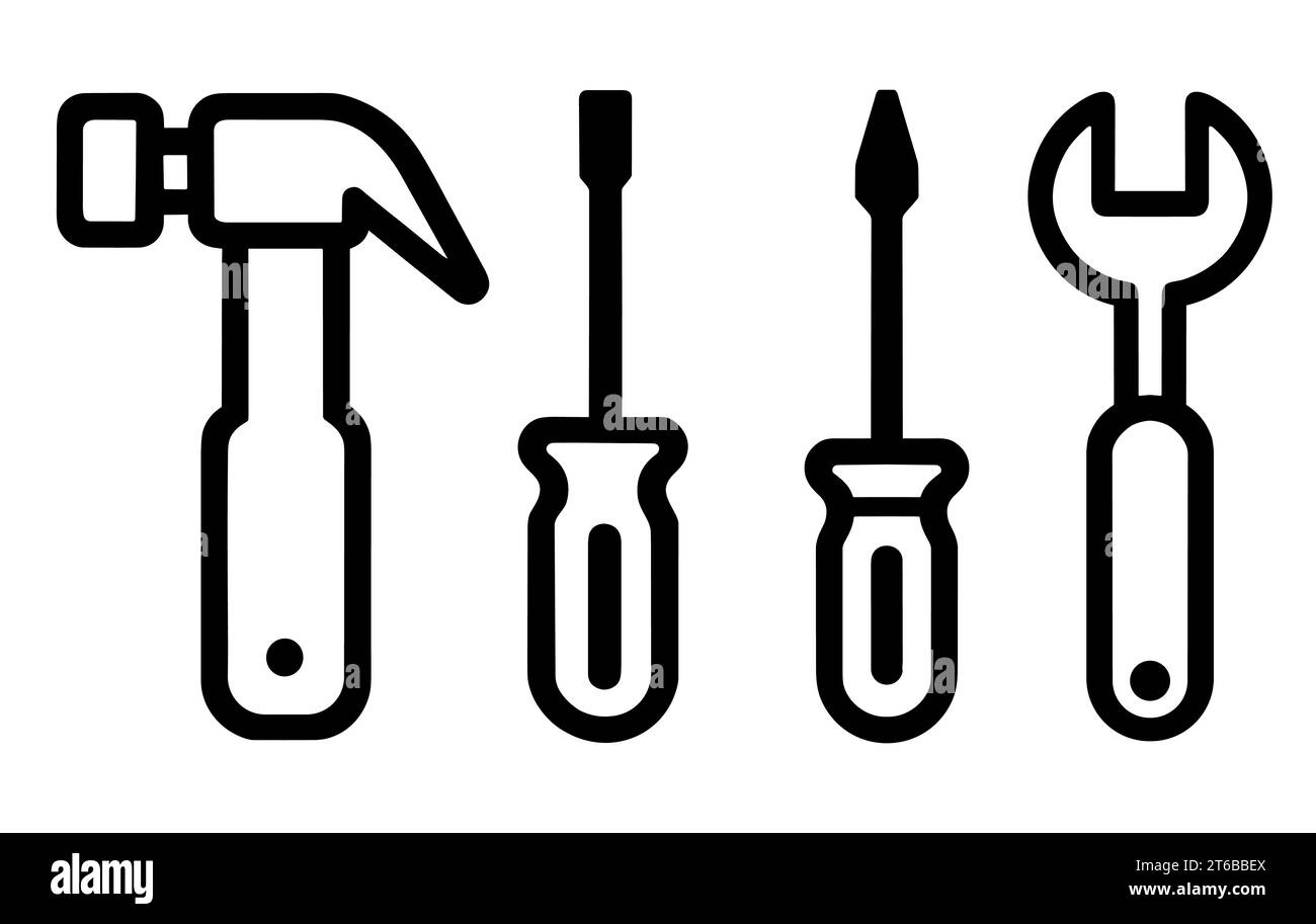 Hand tools icons set. Black linear icons of hand tools, including a ...