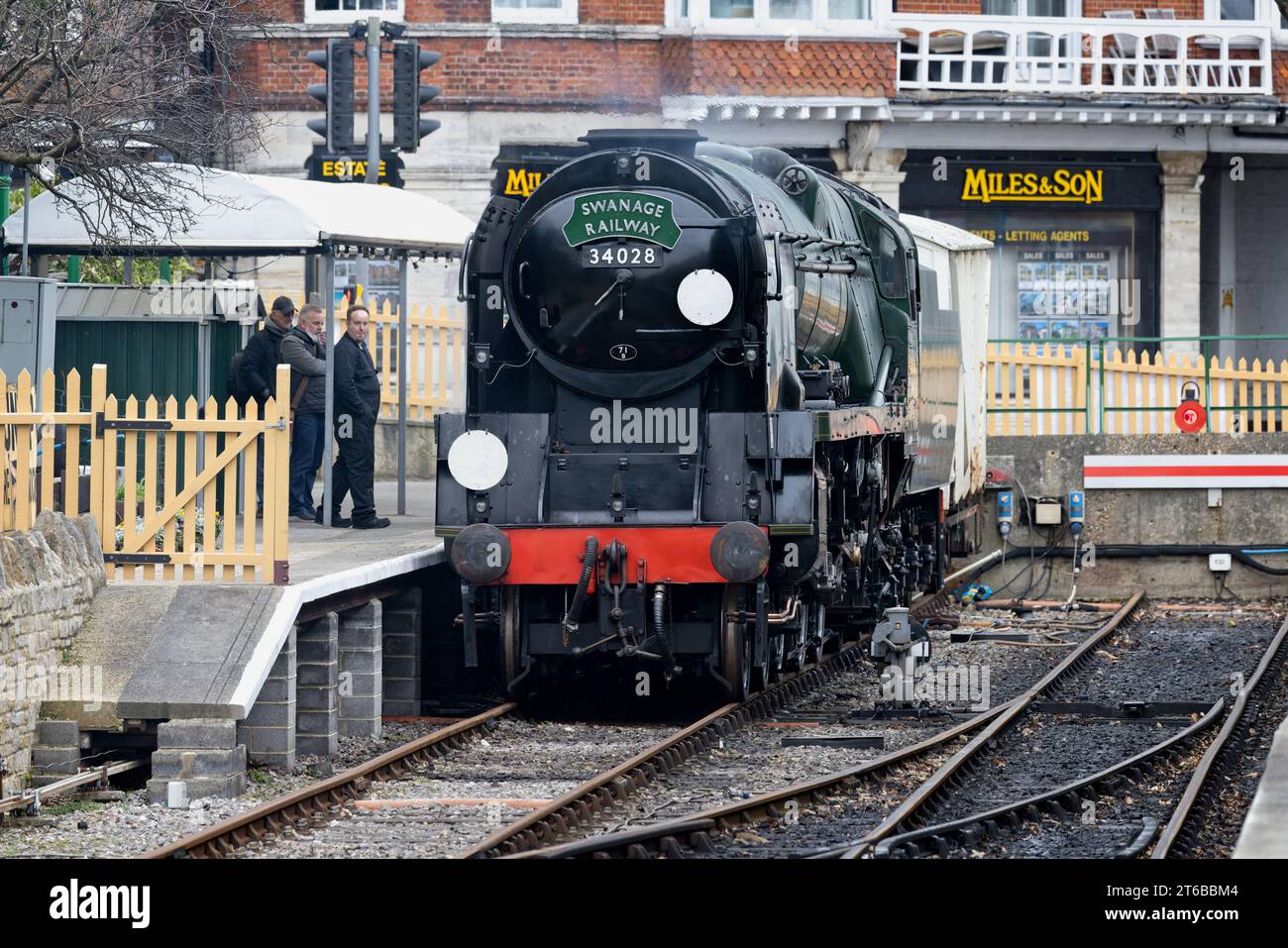 Steam locomotive 34028 Eddystone at Swanage heritage railway station ...