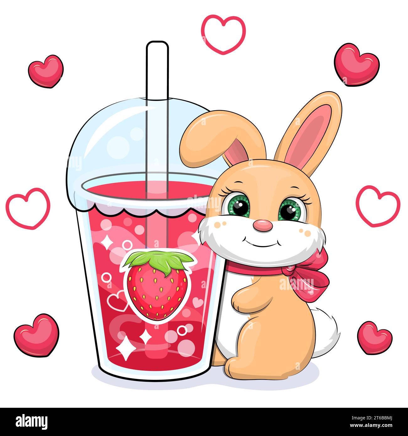 Cute cartoon bunny with a big strawberry drink. Vector illustration of ...