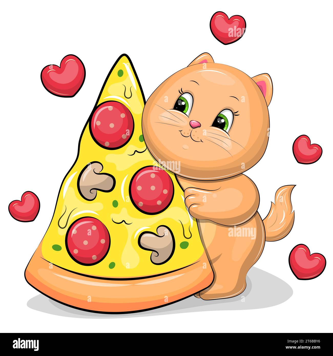 Cute cartoon cat with a big piece of pizza. Vector illustration of ...