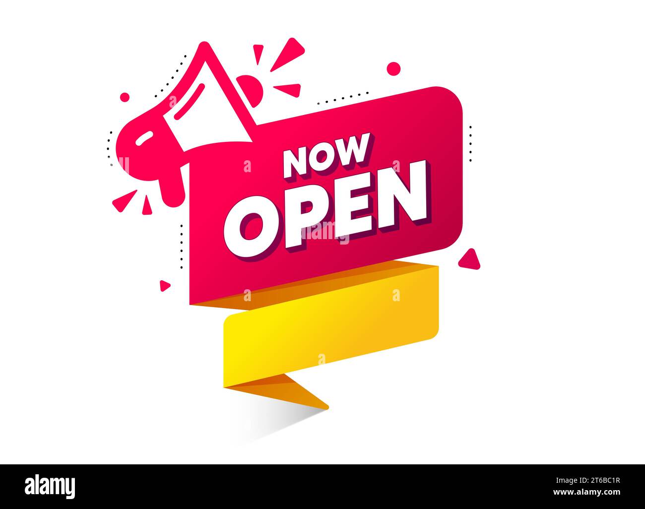 Now open ribbon banner with megaphone. Web element. Quality badge ...