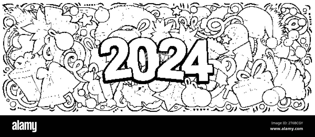 2024 hand drawn doodles horizontal illustration. New Year objects and ...