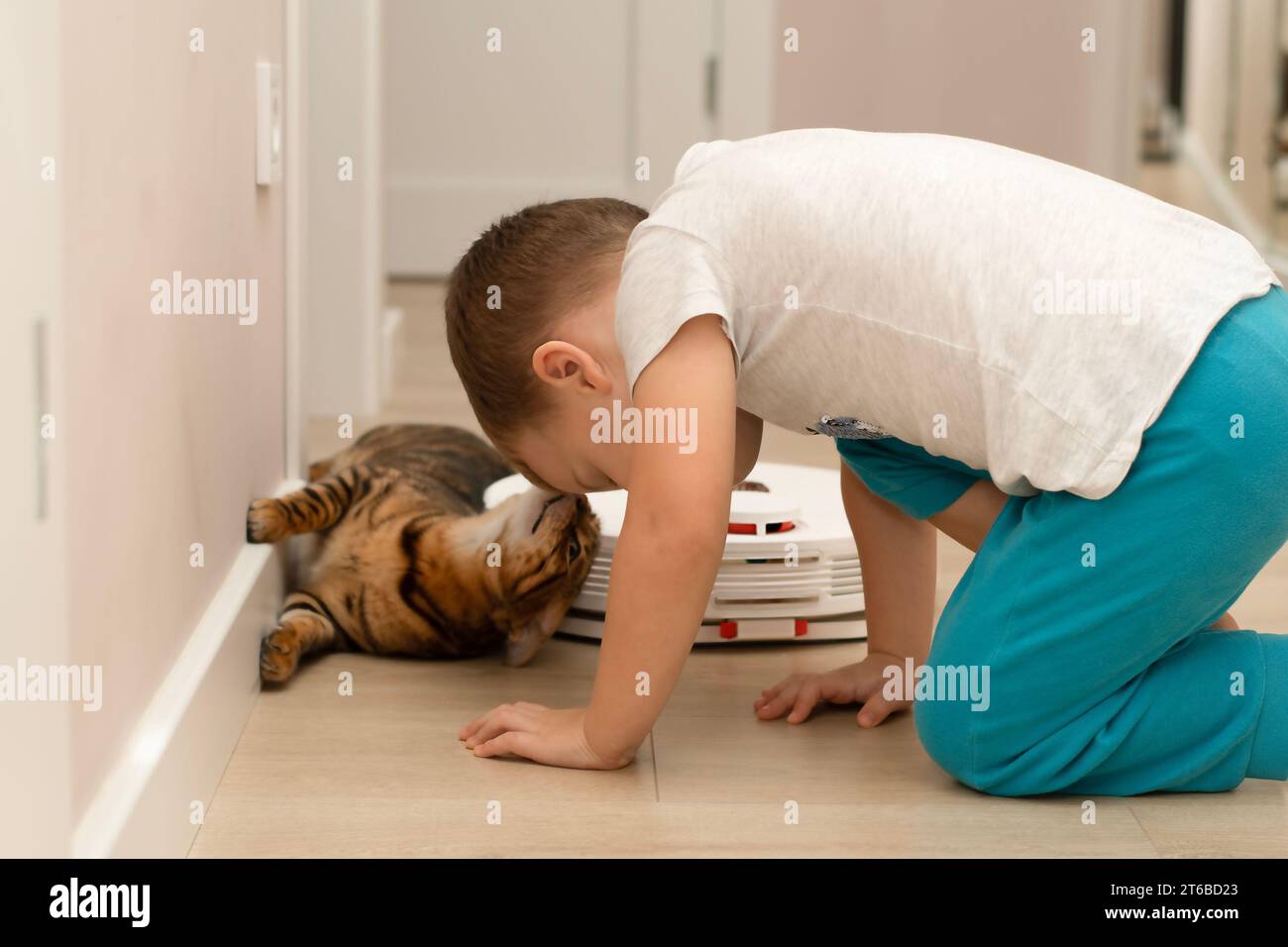 A little boy, 4 years old, and a beautiful, red, domestic, leopard cat ...