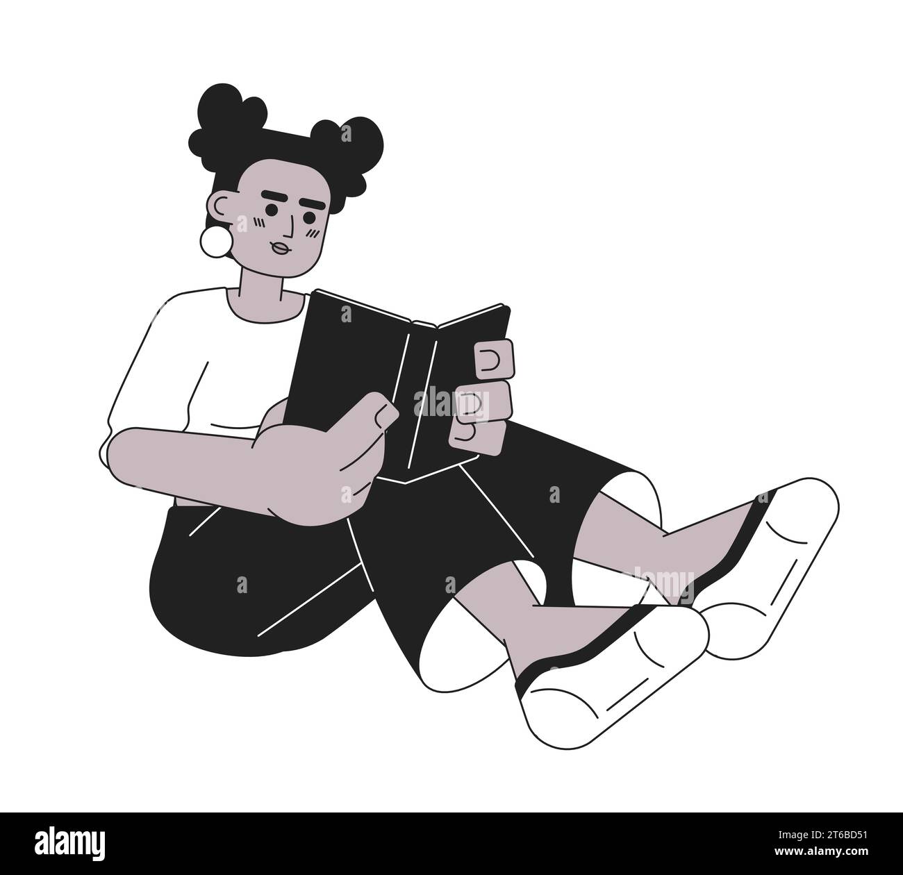 African american girl reading book black and white 2D cartoon character ...