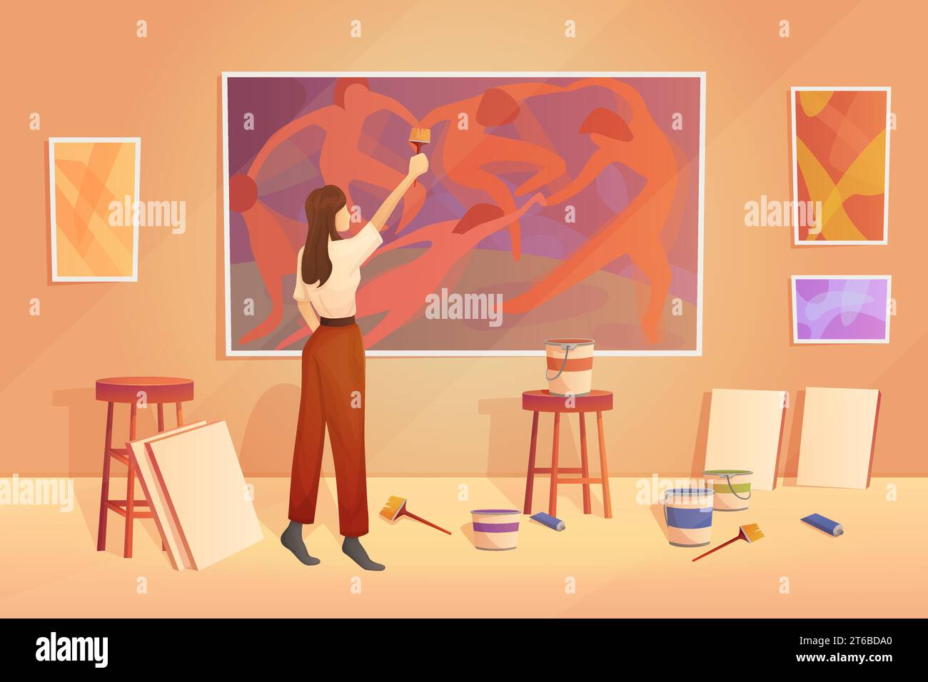 Artist painting picture with paints on wall of art studio vector ...