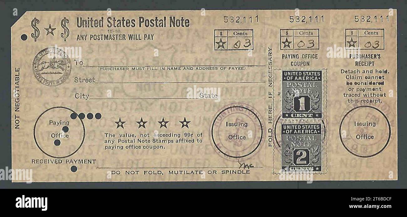USA 1945 feb 1 postal note with PNI-PN2 stamps 3 cents FDC (Combo on 3 ...