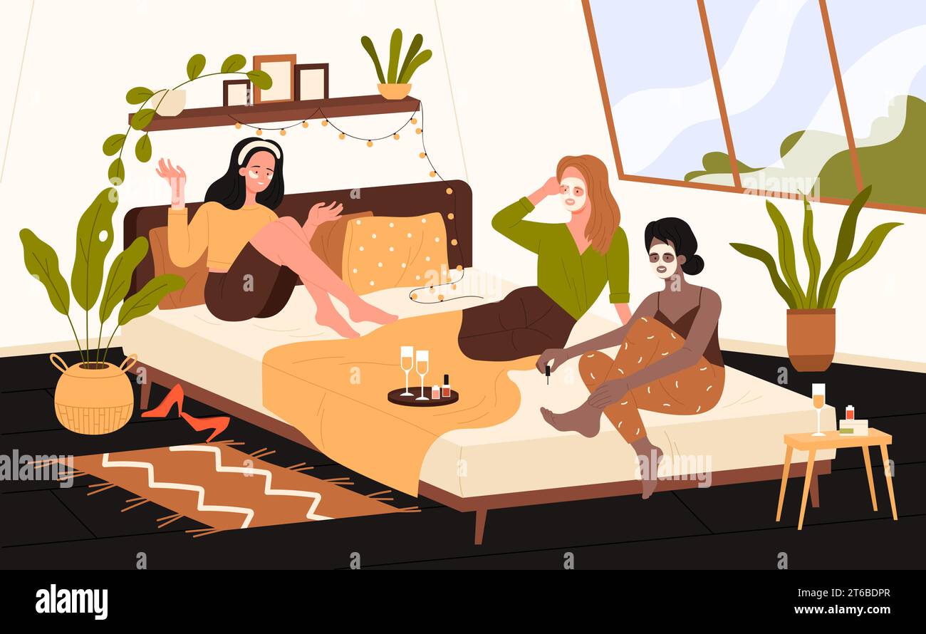 Women friends relax in bed on hen party vector illustration. Cartoon ...