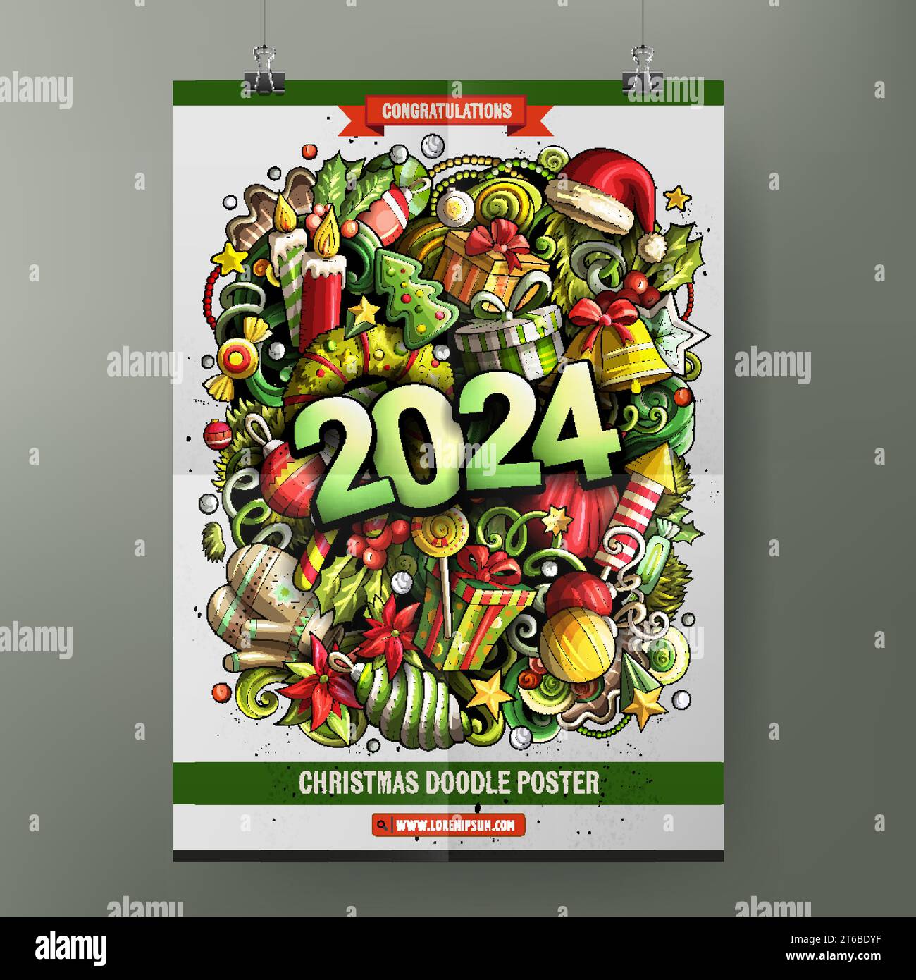 Cartoon colorful hand drawn doodles 2024 Happy New Year poster template ...