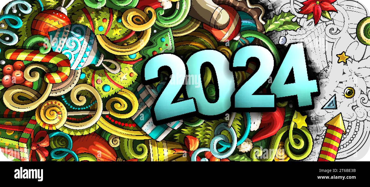 2024 hand drawn doodles horizontal illustration. New Year objects and ...