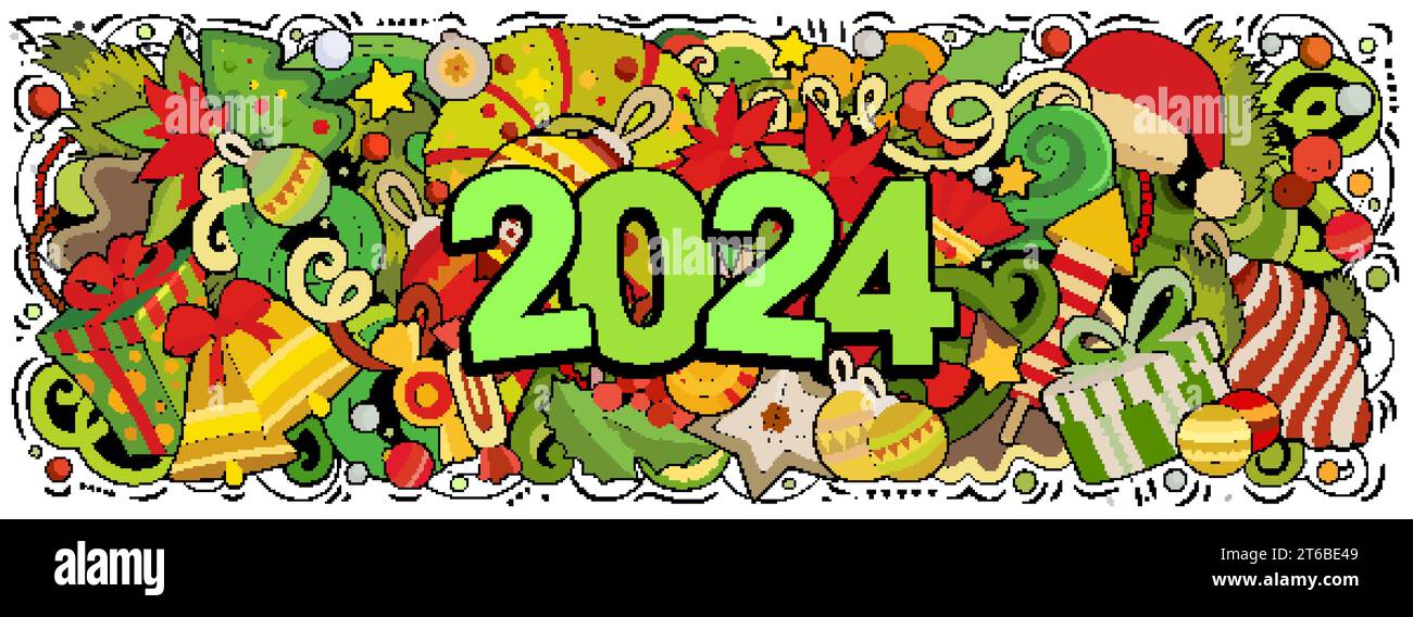 2024 hand drawn doodles horizontal illustration. New Year objects and ...