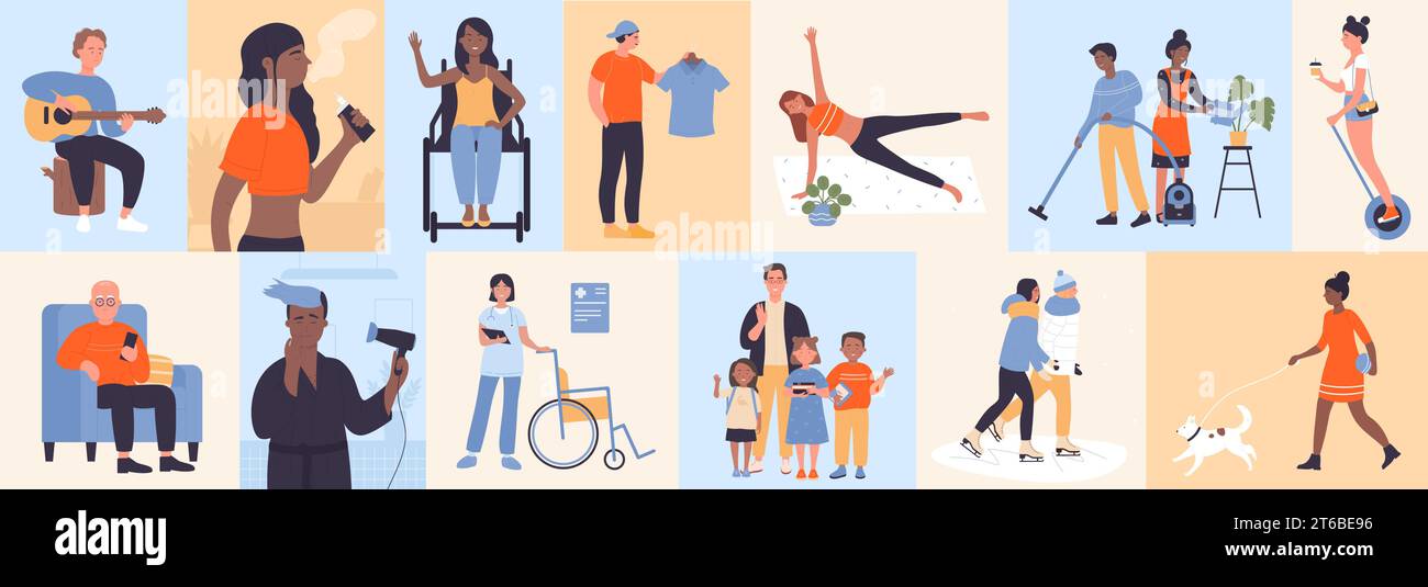 Modern lifestyle scenes with young or old people, geometric mosaic ...