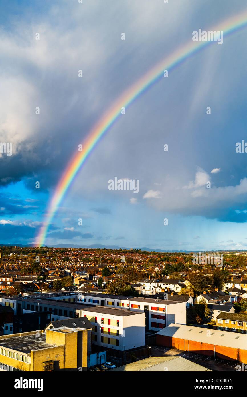 Rainbow over North Cardiff, the Capital of Wales, UK 2023 on a clear ...