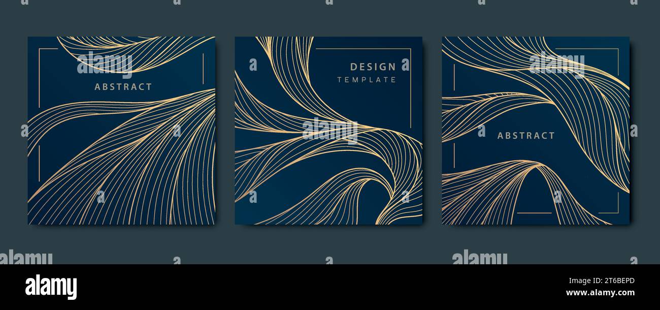 Vector set of luxury fancy golden patterns, linear style wavy cards ...