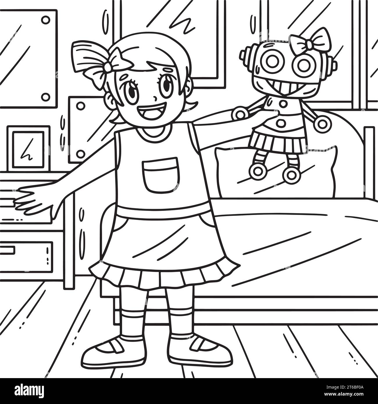 Girl with Robot Toy Coloring Page for Kids Stock Vector Image & Art - Alamy