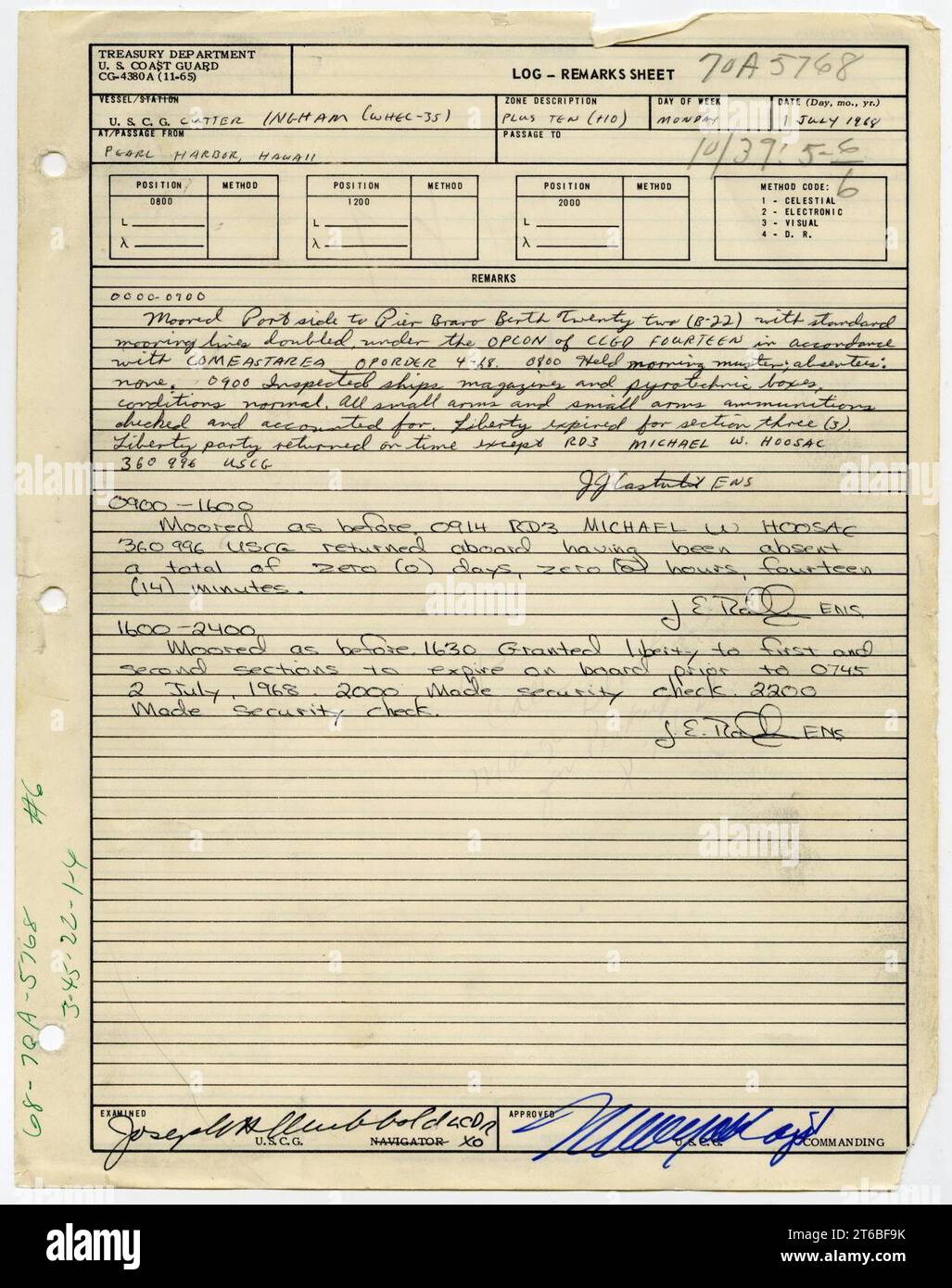 USCGC Ingham Logbook July 1968 Stock Photo - Alamy