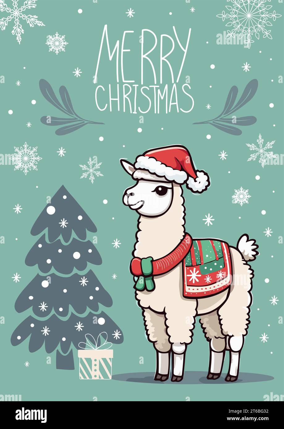 Merry Christmas greeting card with cute Llama Stock Vector Image & Art ...