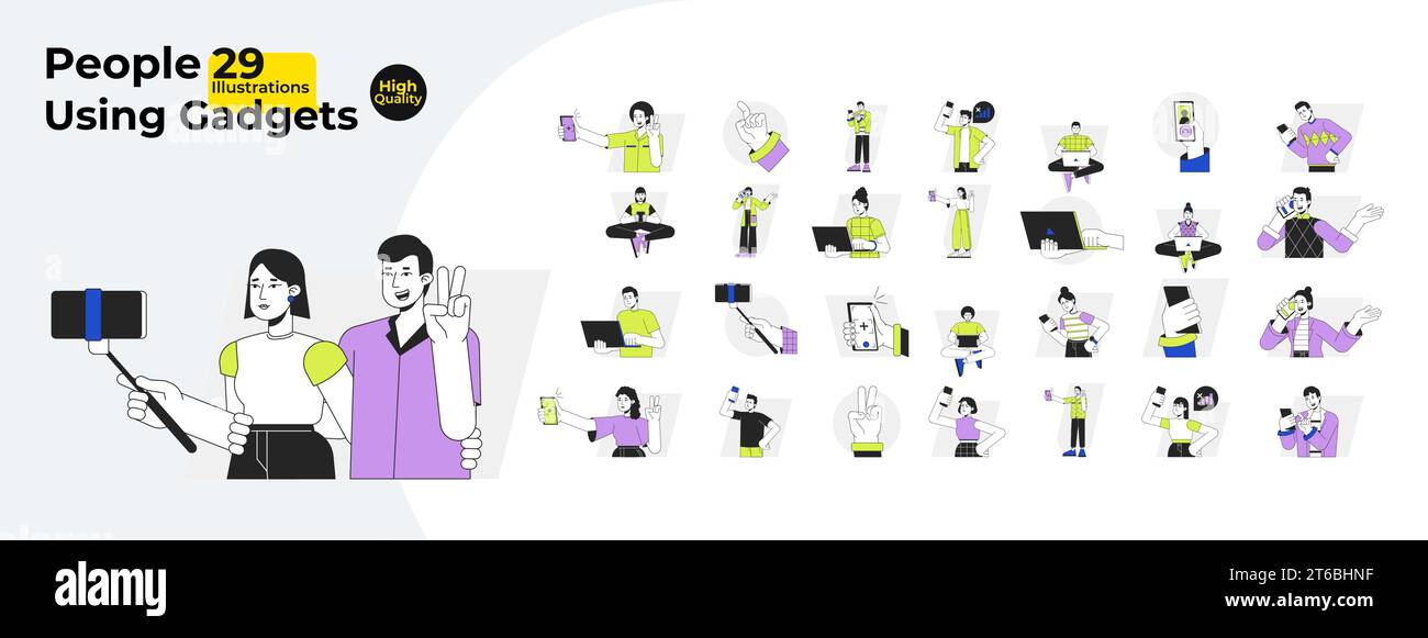 Diverse people using gadgets line cartoon flat illustration bundle ...