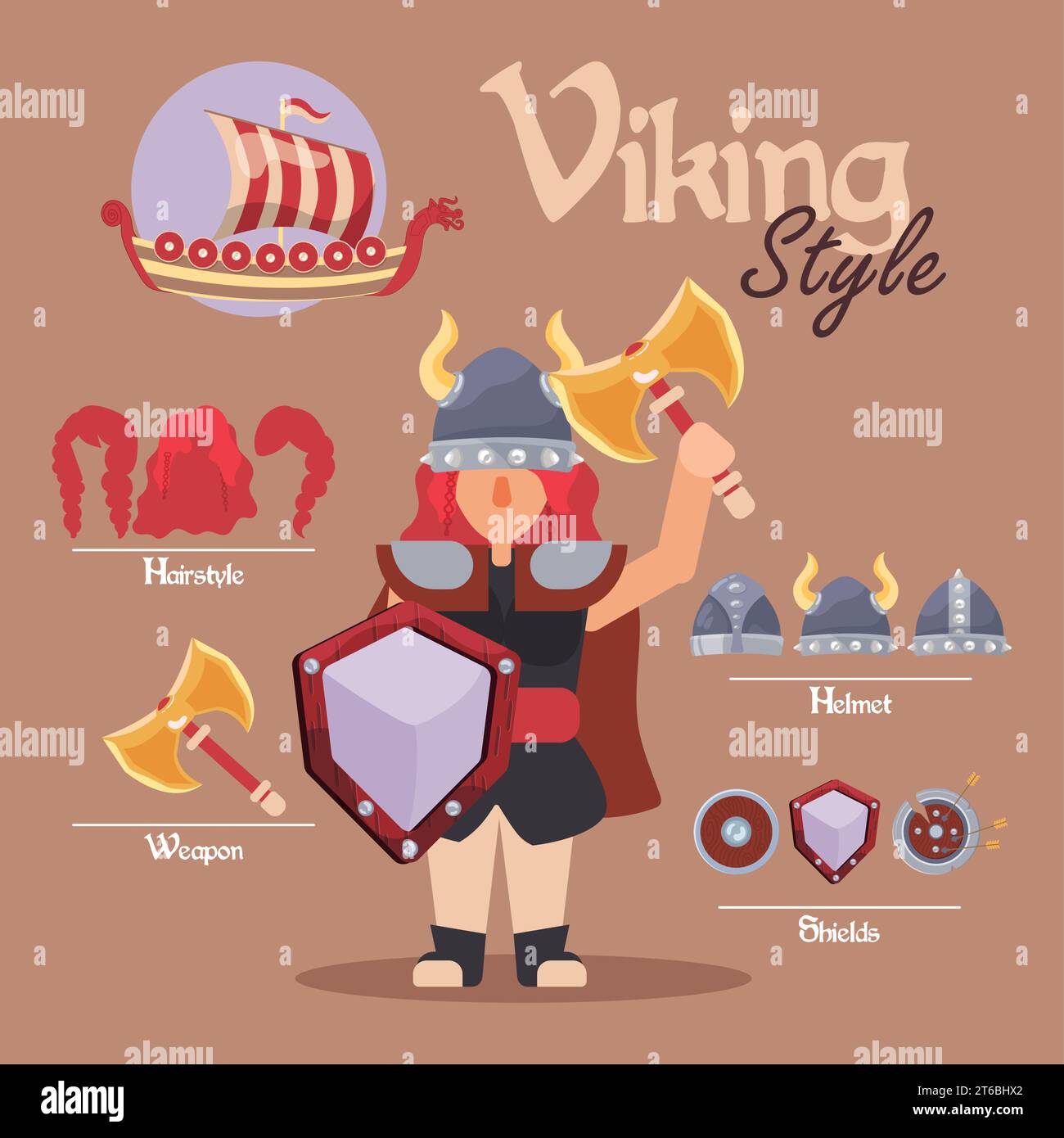 Cute viking female character asset with weapons and helmets Vector ...