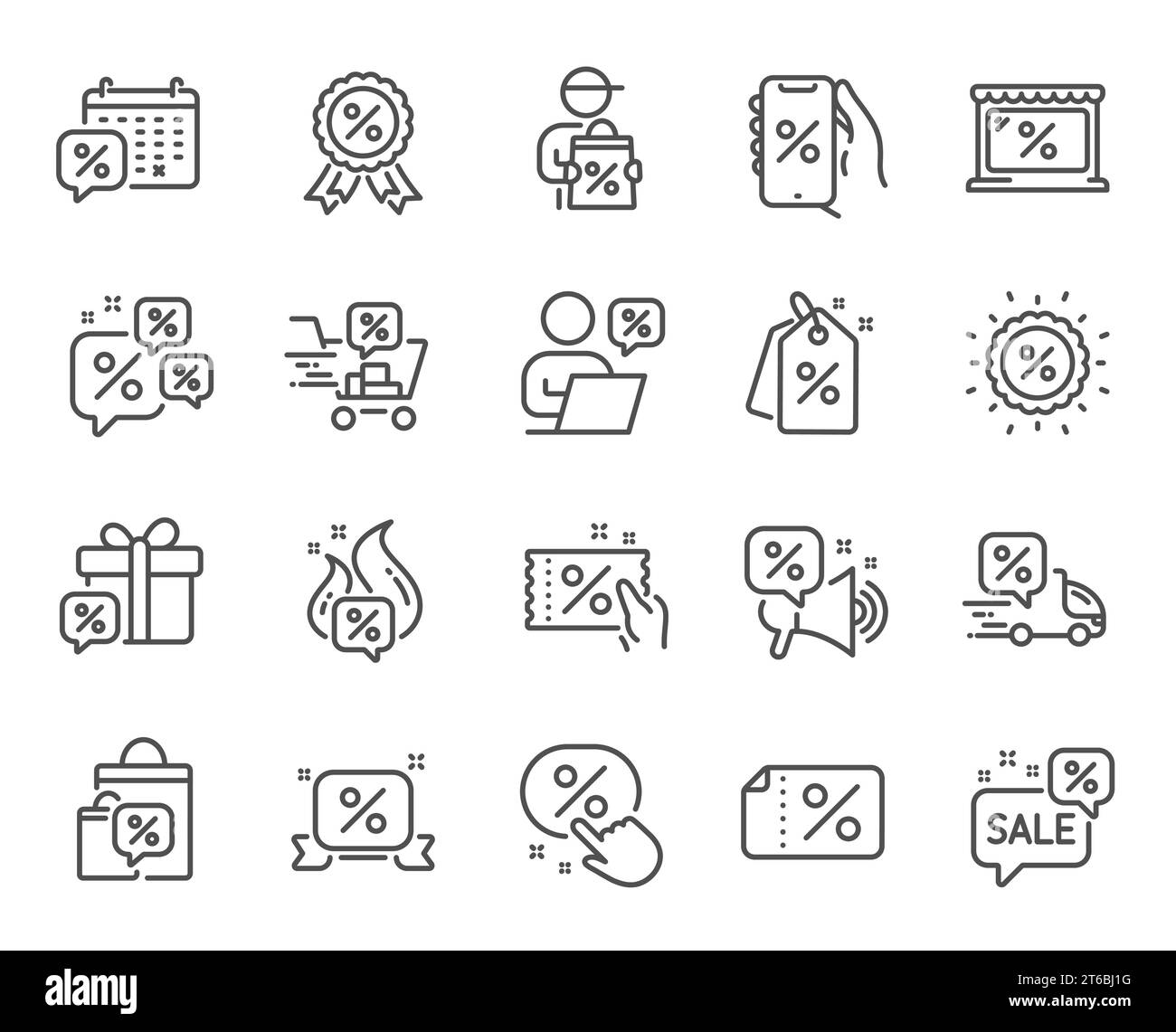Discounts line icons. Sale coupon, phone with percent sign, discount ... Discounts line icons. Sale coupon, phone with percent sign, discount ...