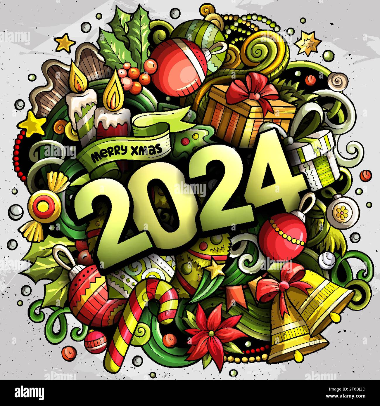 2024 doodles illustration. New Year objects and elements poster design ...