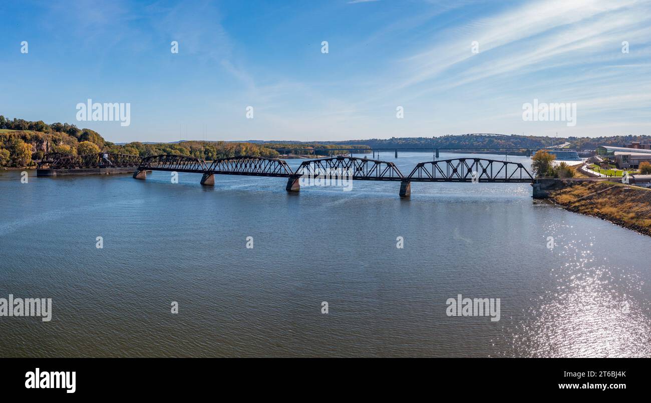 Aerial view of historic Dubuque railroad bridge between Iowa and ...