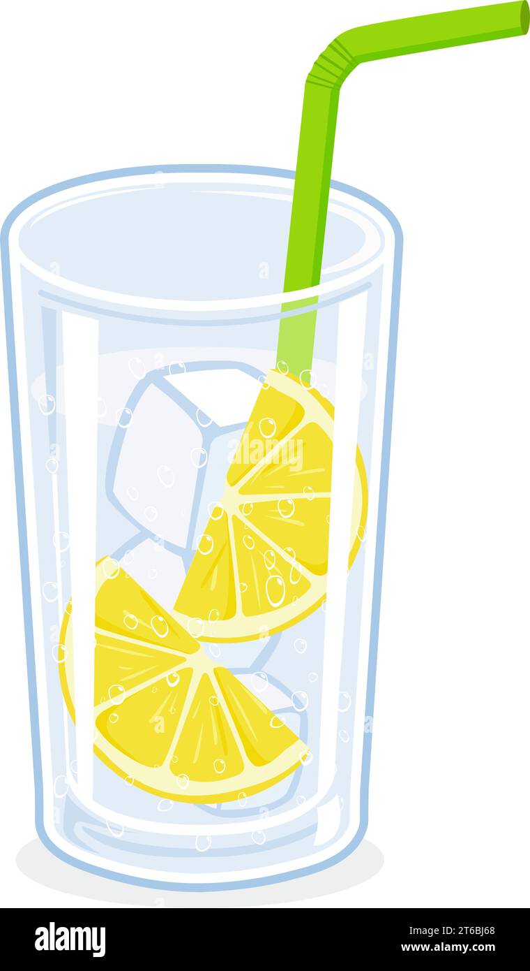 Glass of sparkling soda water with lemon slices, ice cubes and drinking straw. Vector ...