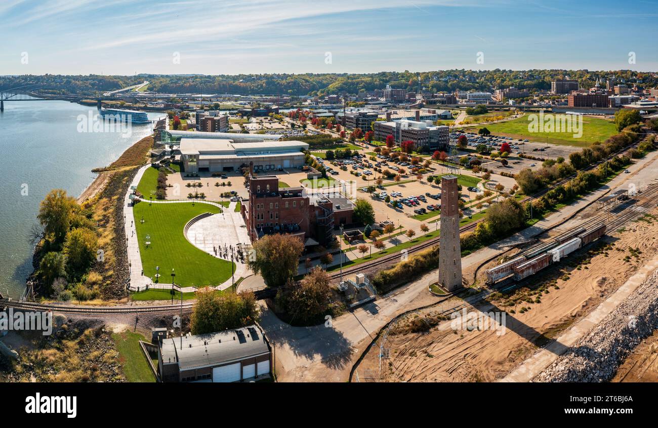 Aerial view of Dubuque in Iowa with historic brewery and modern ...