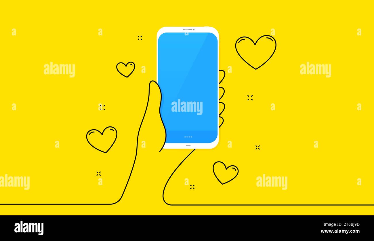 Hand holding phone with love hearts. Smartphone screen on yellow ...