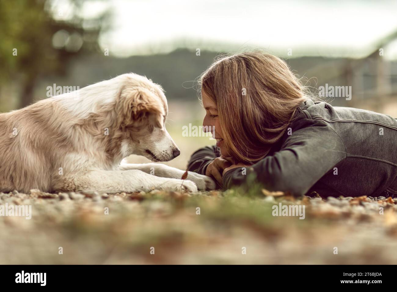 A young woman and her border collie puppy dog cuddling and interacting ...