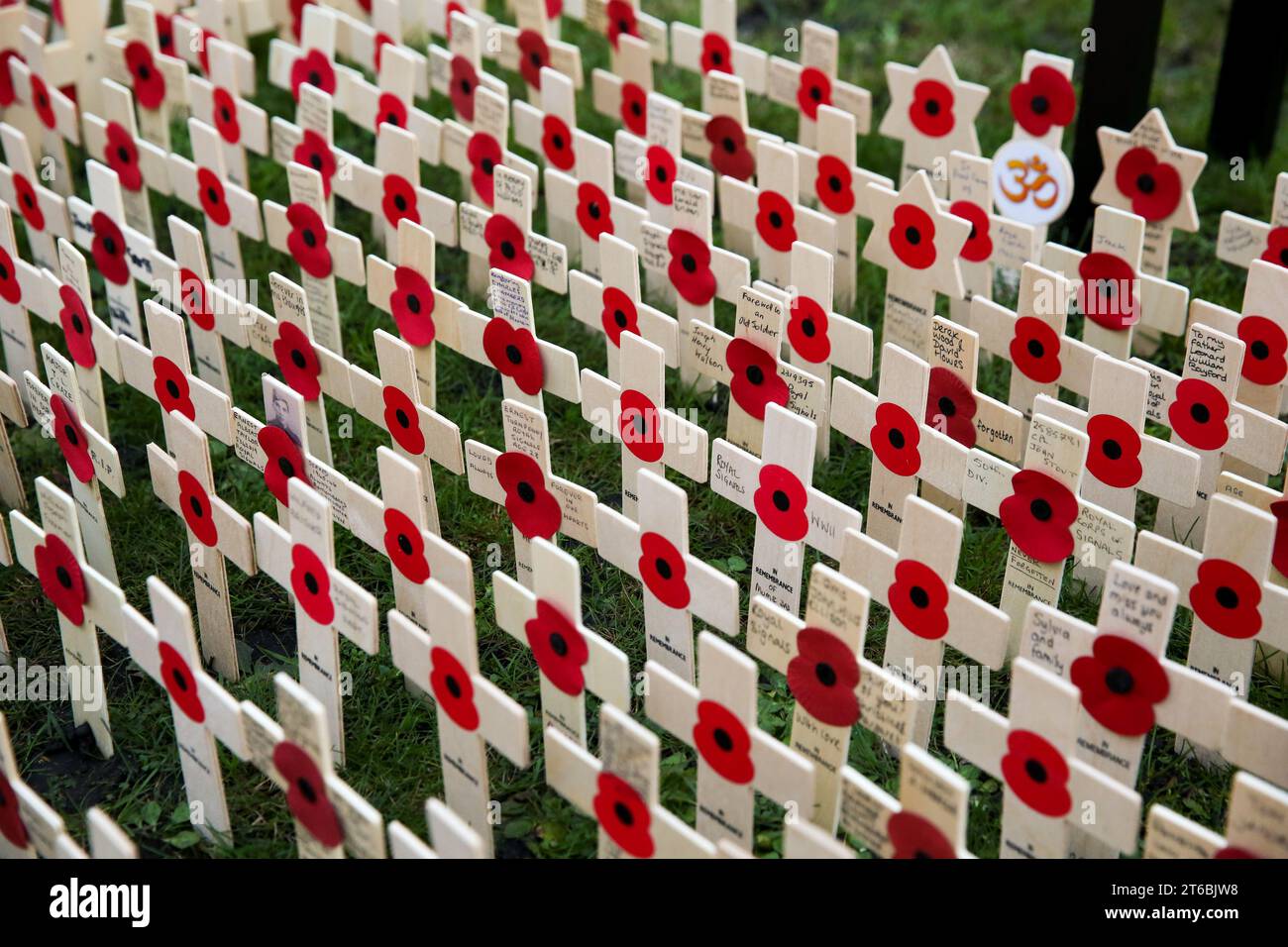 Crosses and poppies with messages of remembrance laid in the grounds of ...