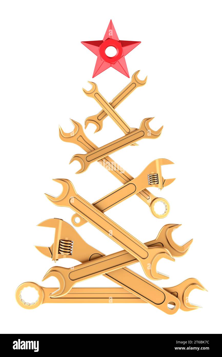 Golden Industrial Christmas Tree from wrenches and spanners, 3D ...