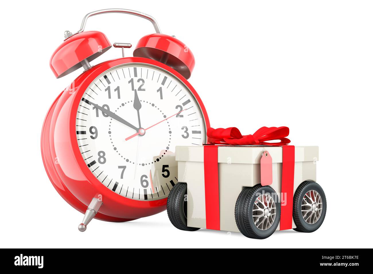 Gift box on wheels with alarm clock, fast delivery concept. 3D ...