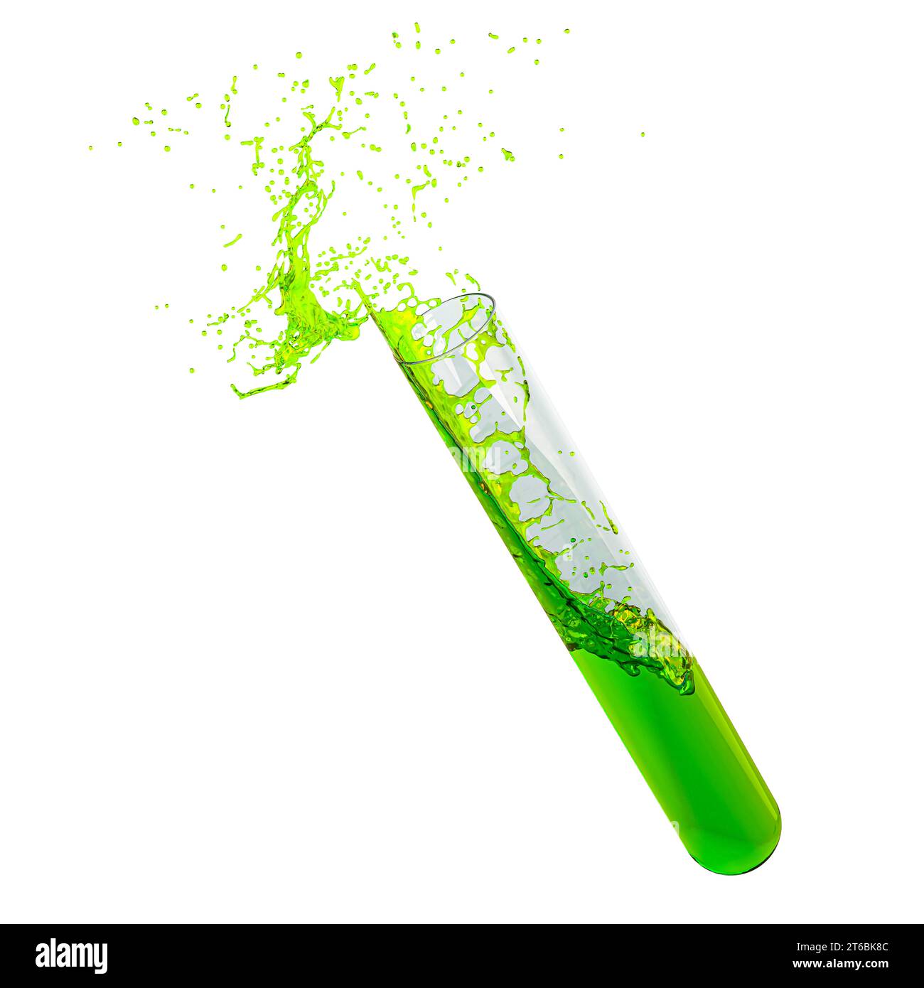 Test tube with green liquid and splash. 3D rendering isolated on white ...