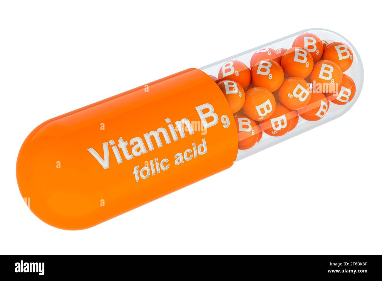 Vitamin capsule with B9, folic acid. 3D rendering isolated on white ...