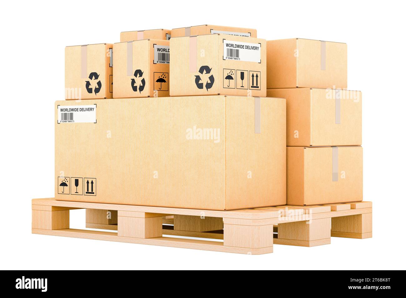 Wooden pallet with parcels. Shipping and logistics concept, 3D rendering isolated on white ...