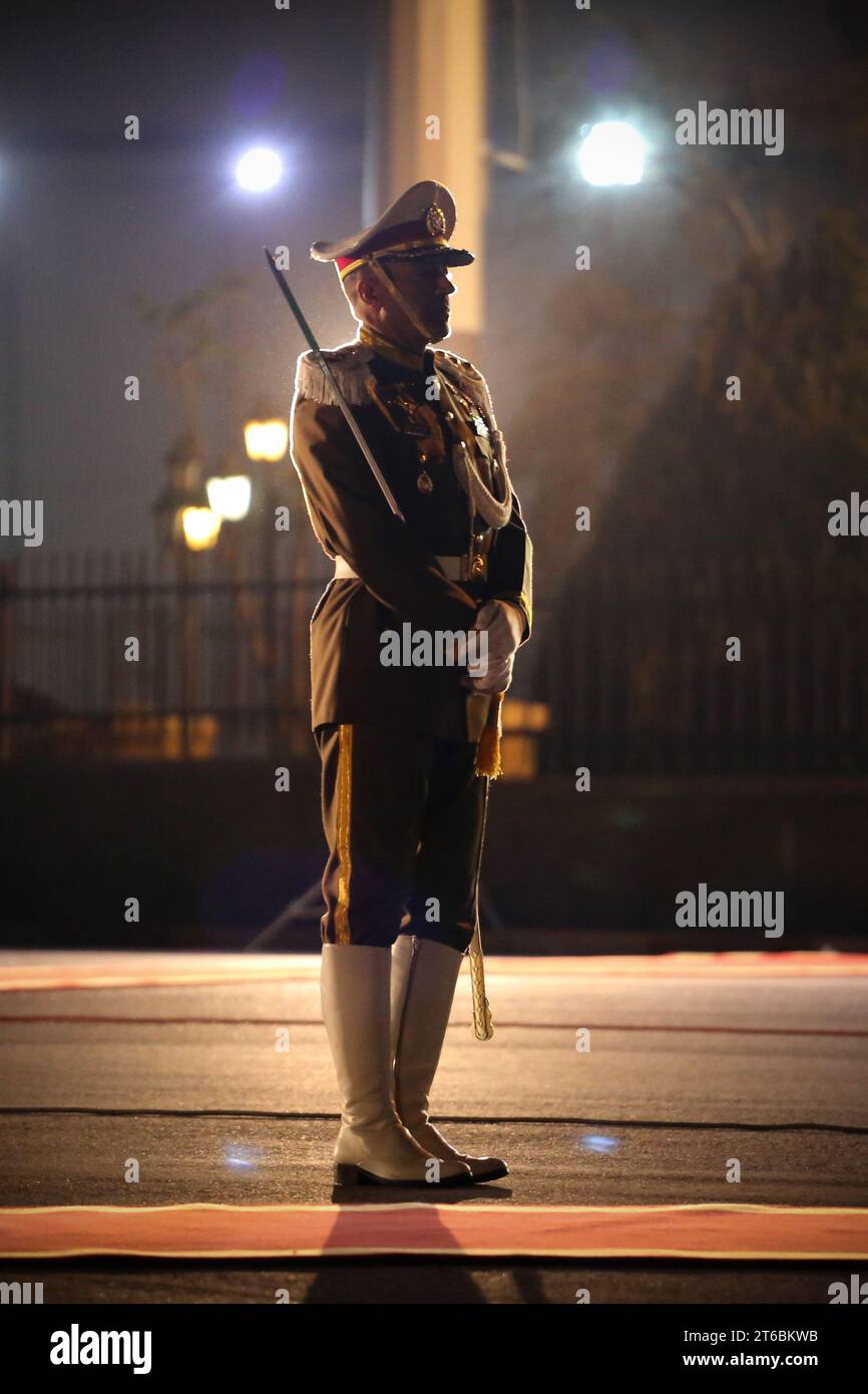 Tehran, Iran. 9th Nov, 2023. A honor guard member prepares before the ...
