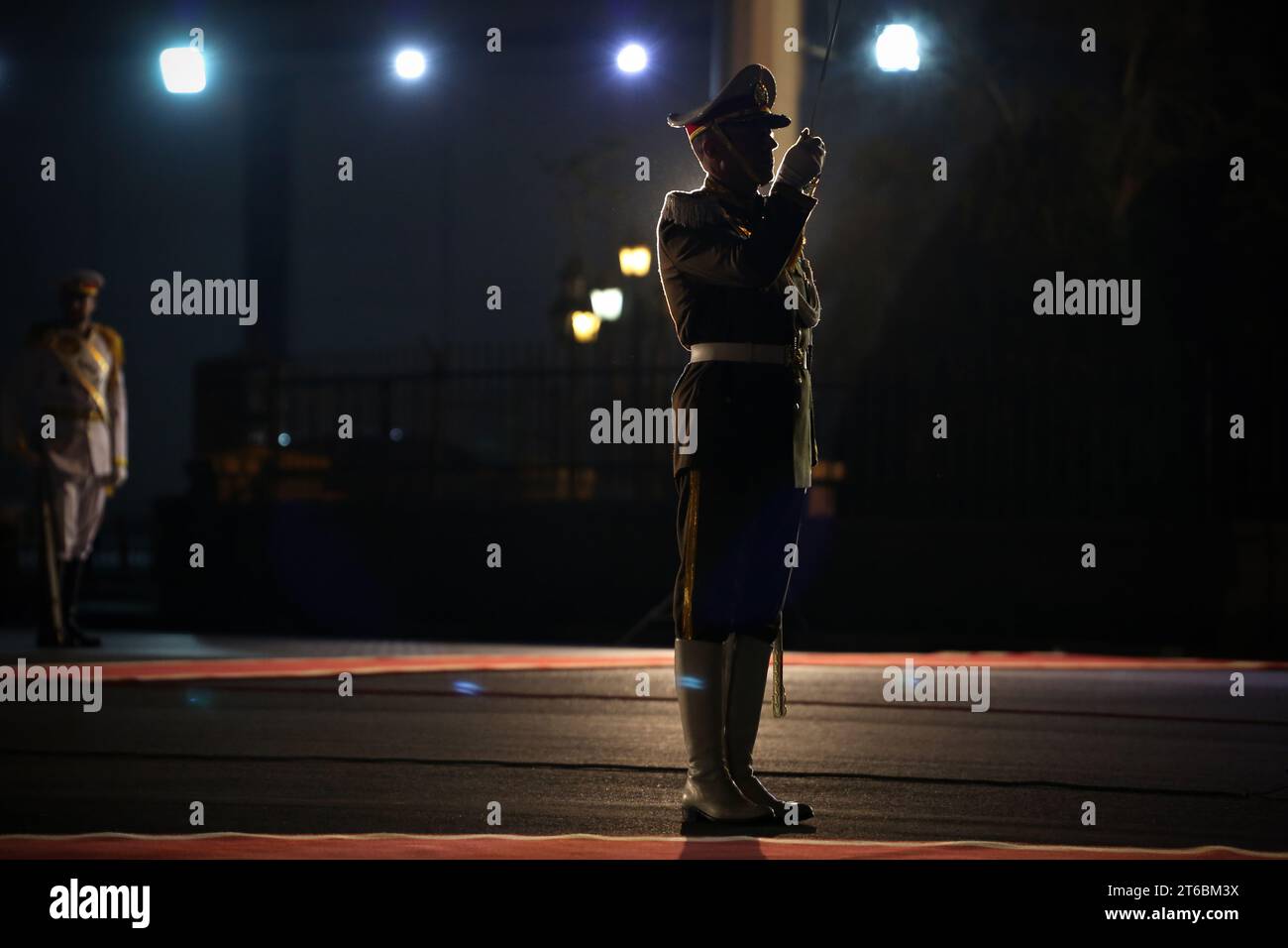 Tehran, Iran. 9th Nov, 2023. A honor guard member prepares before the ...