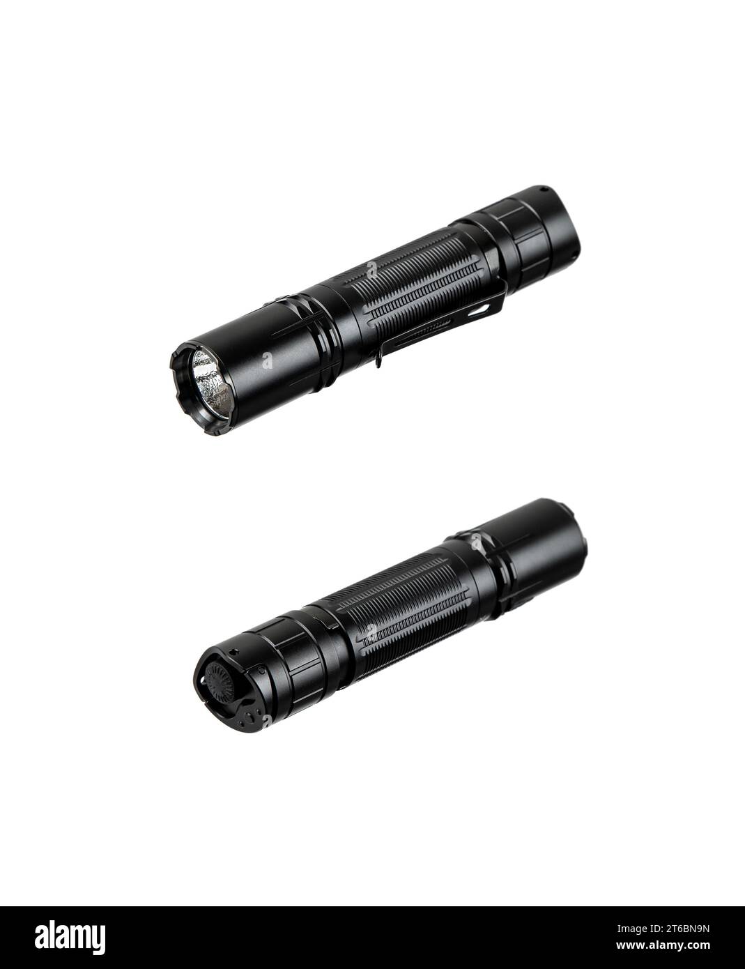 Modern metal LED flashlight in black color. Portable flashlight isolate ...