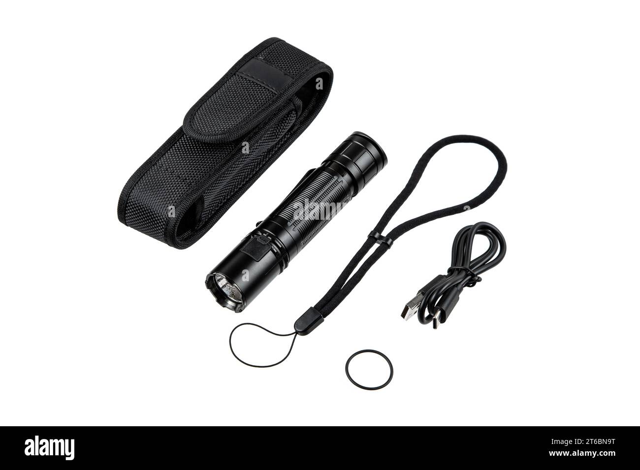Modern metal LED flashlight in black color. Portable flashlight isolate ...