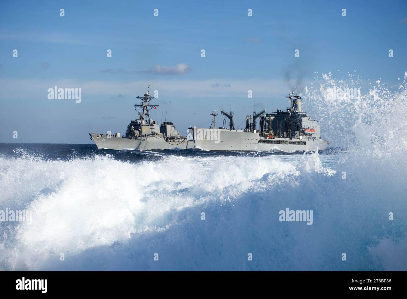 USNS John Lenthall (T-AO-189) refuels USS Ramage (DDG-61) in the Med in ...