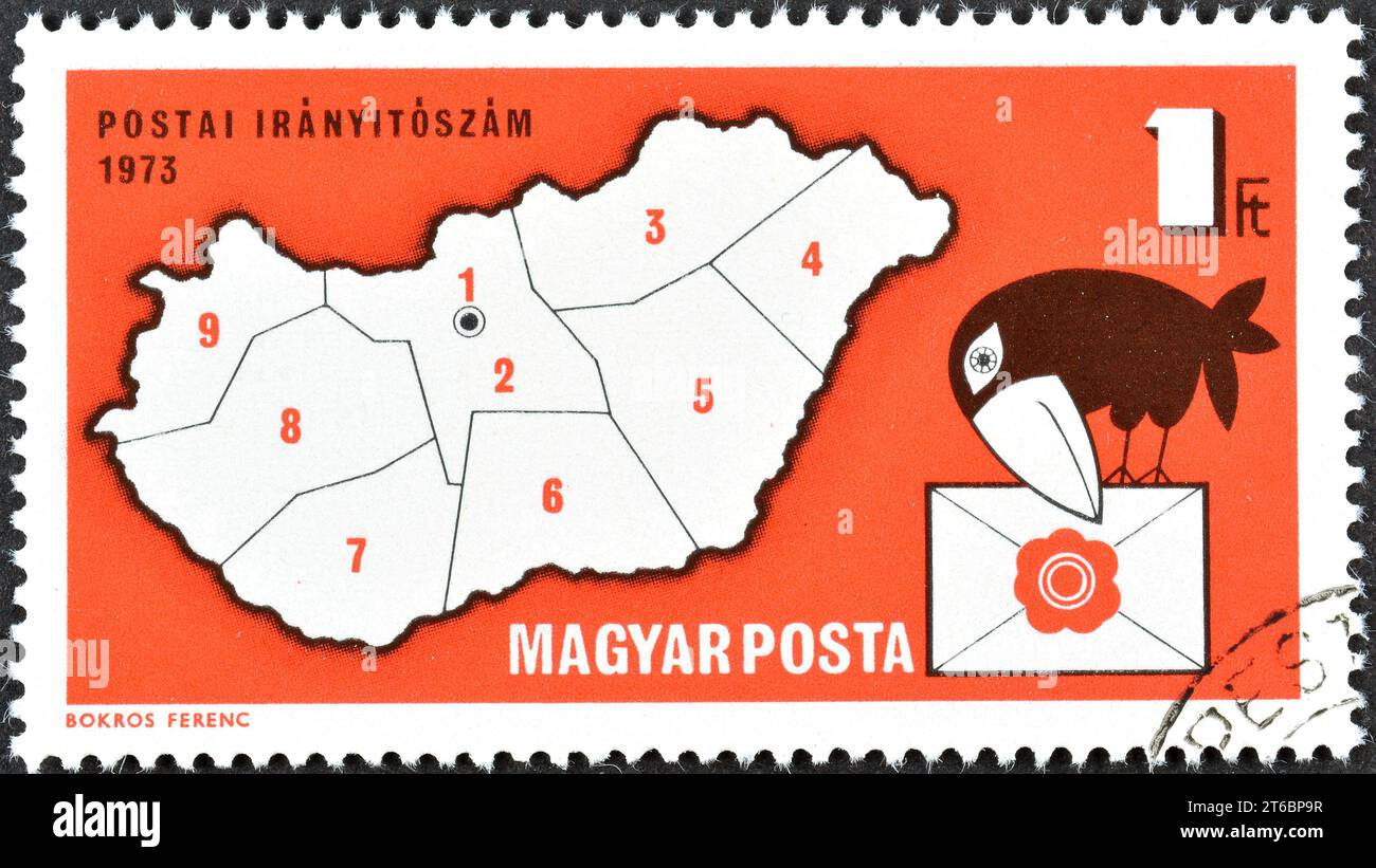 Cancelled postage stamp printed by Hungary, that promotes Introduction ...